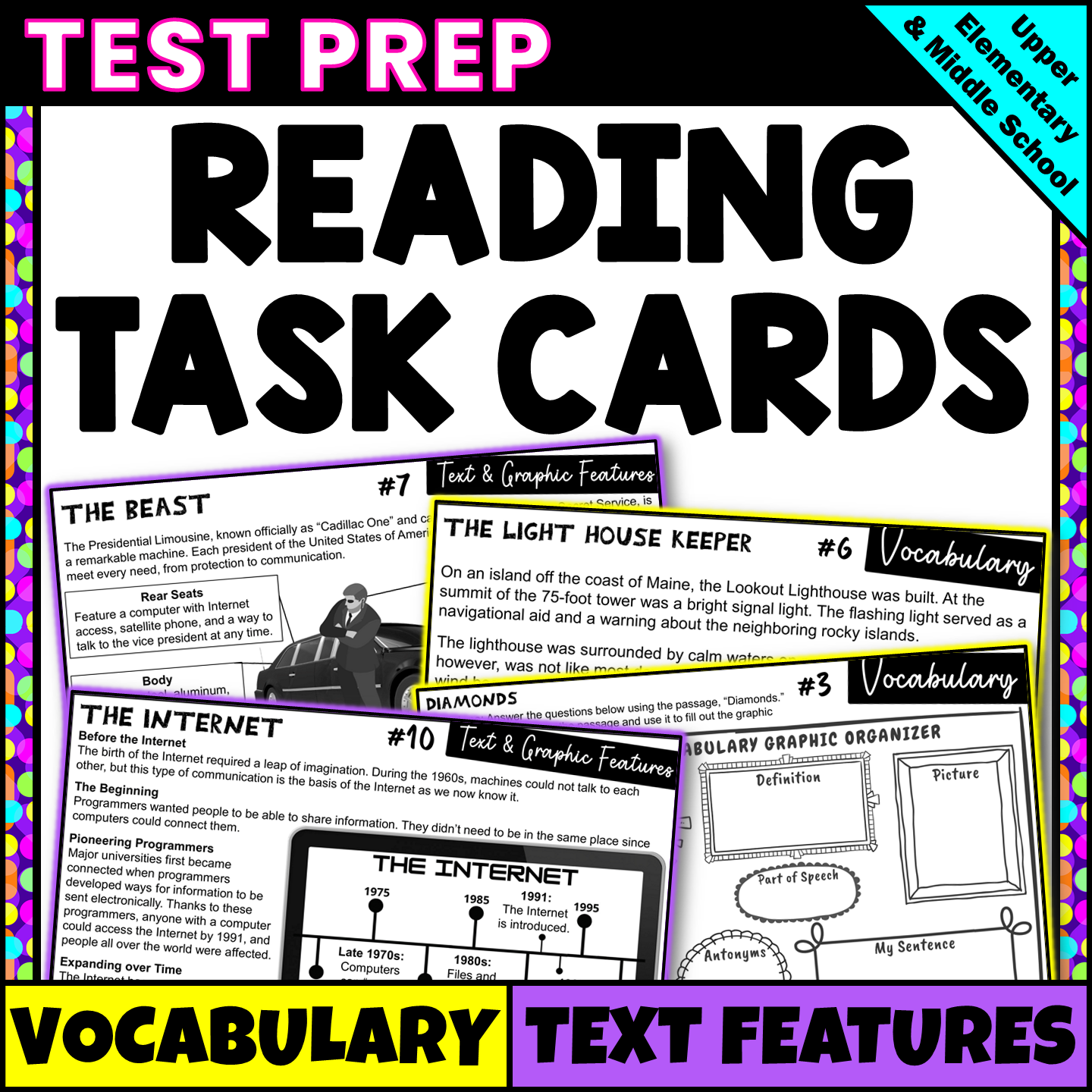 Text & Graphic Features and Vocabulary Reading Task Cards for 3rd-6th ...