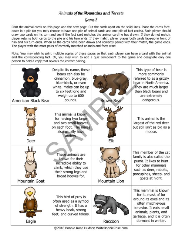 Animals of the Mountains and Forests: Animal Facts Matching Game | Made ...