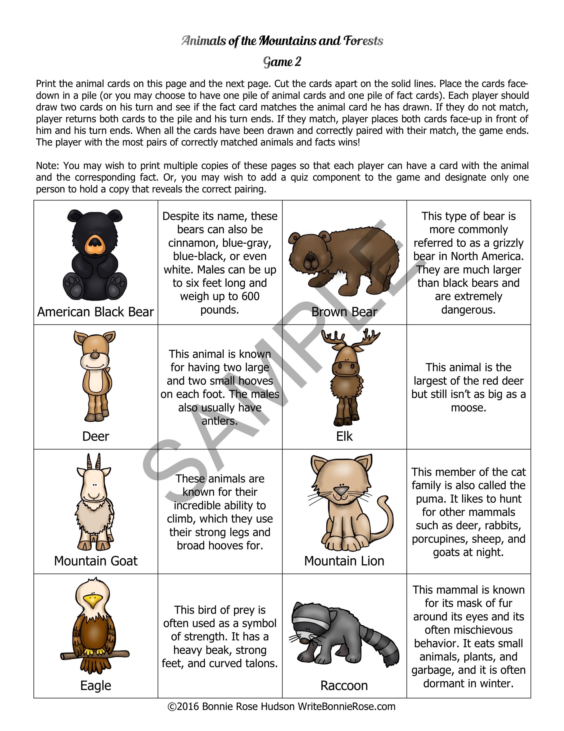 Animals of the Mountains and Forests: Animal Facts Matching Game | Made ...