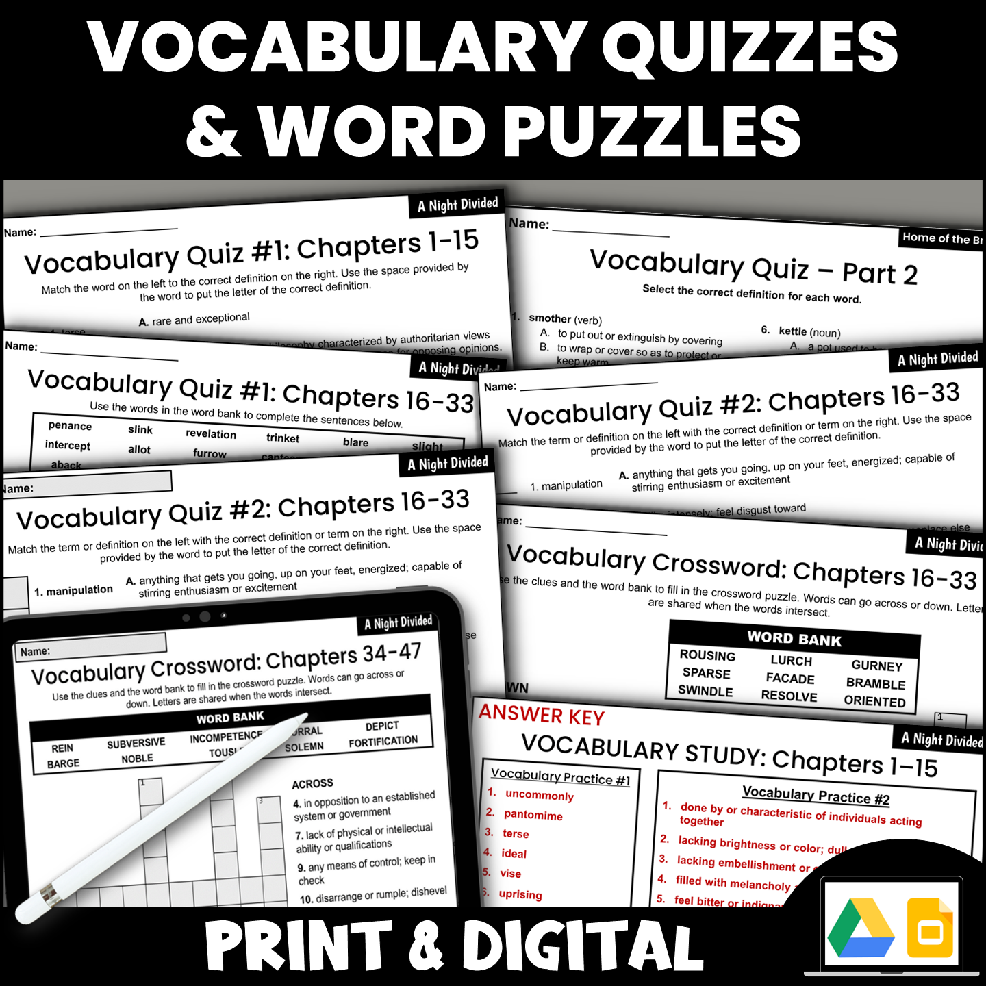 A Night Divided Novel Study Vocabulary Activities and Quizzes | Made By ...