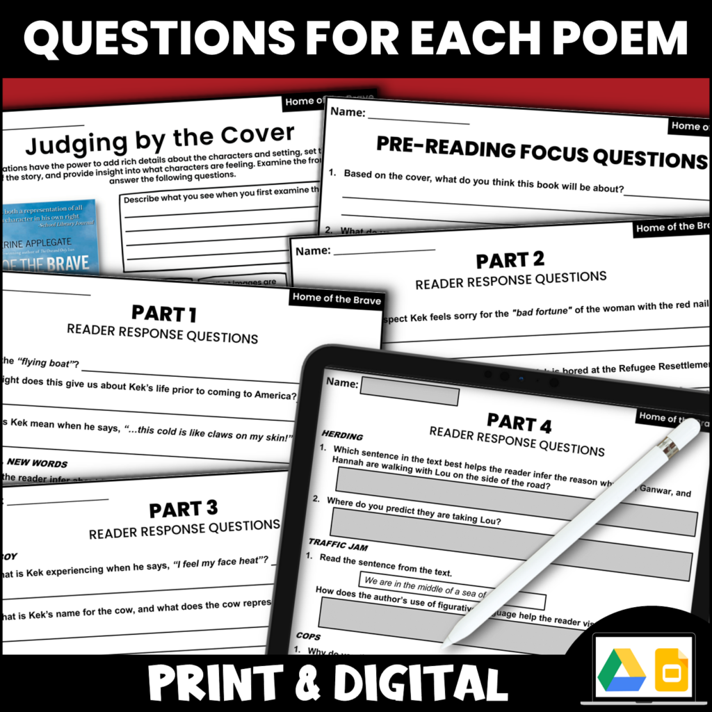 Home of the Brave Novel Study Reader Response Questions and Graphic ...