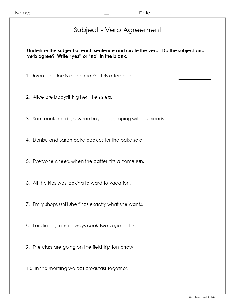 Subject-Verb Agreement - 4 worksheets - Great Practice! - Grades 4-5-6 ...