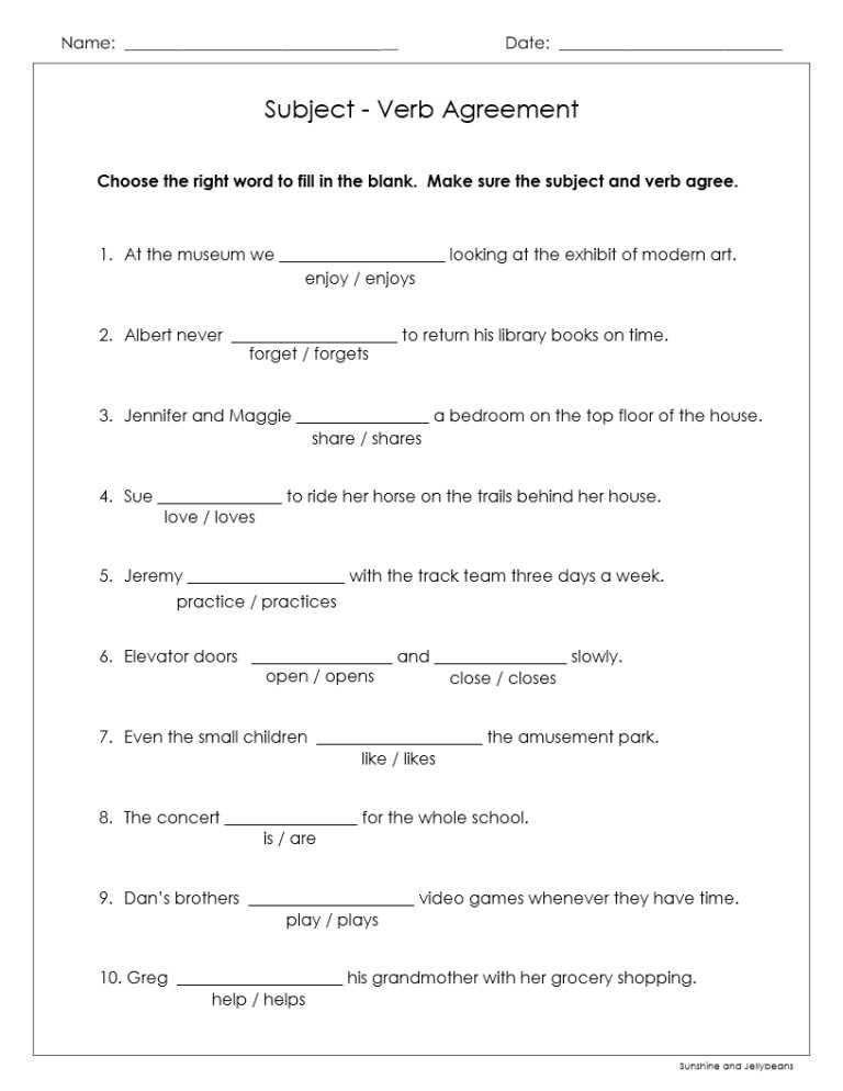 Subject-Verb Agreement - 4 worksheets - Great Practice! - Grades 4-5-6 ...