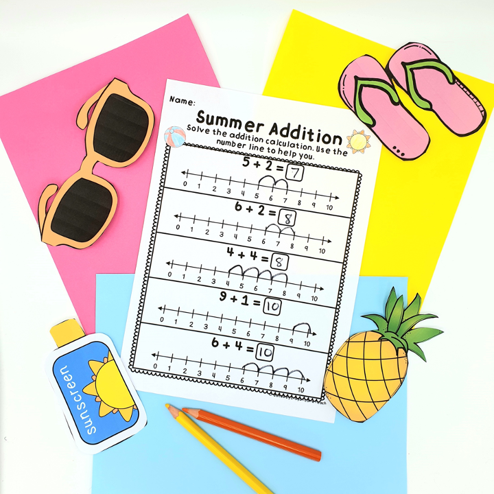 Summer Addition with a Number Line Worksheets Kindergarten 1st Grade ...