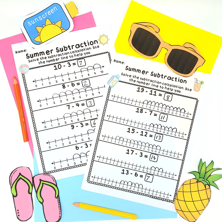 Summer Subtraction with a Number Line Worksheets Kindergarten 1st Grade ...