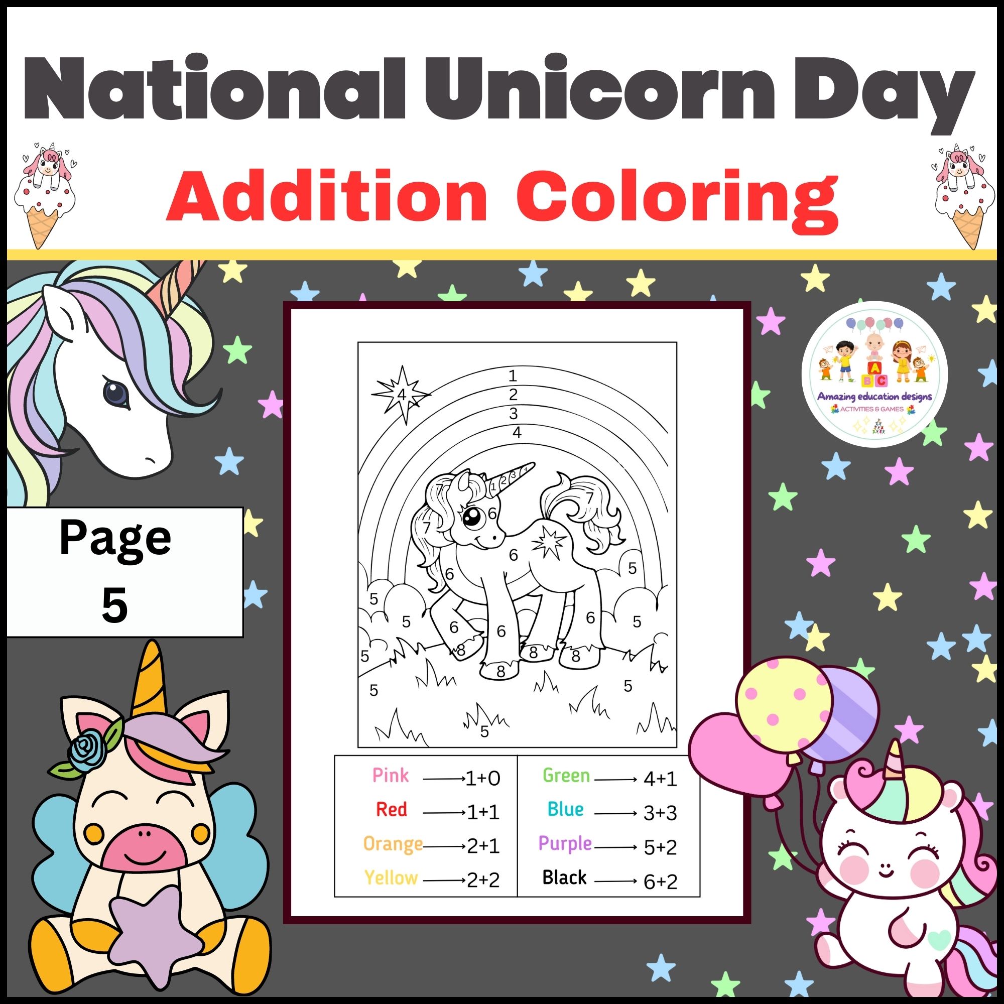 National Unicorn Day Addition Coloring | Made By Teachers