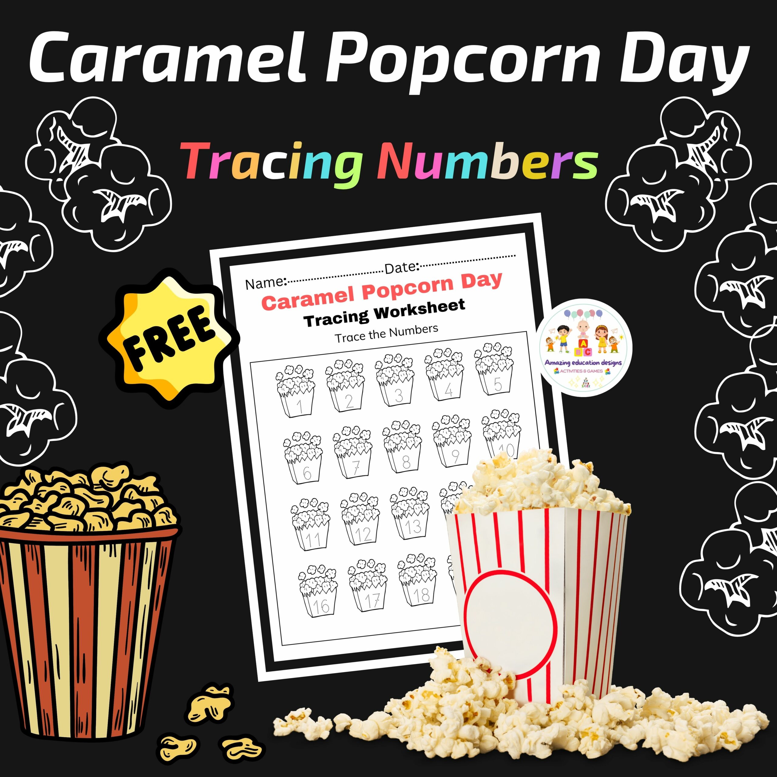 Caramel Popcorn Day Tracing Numbers FREE /Worksheet | Made By Teachers