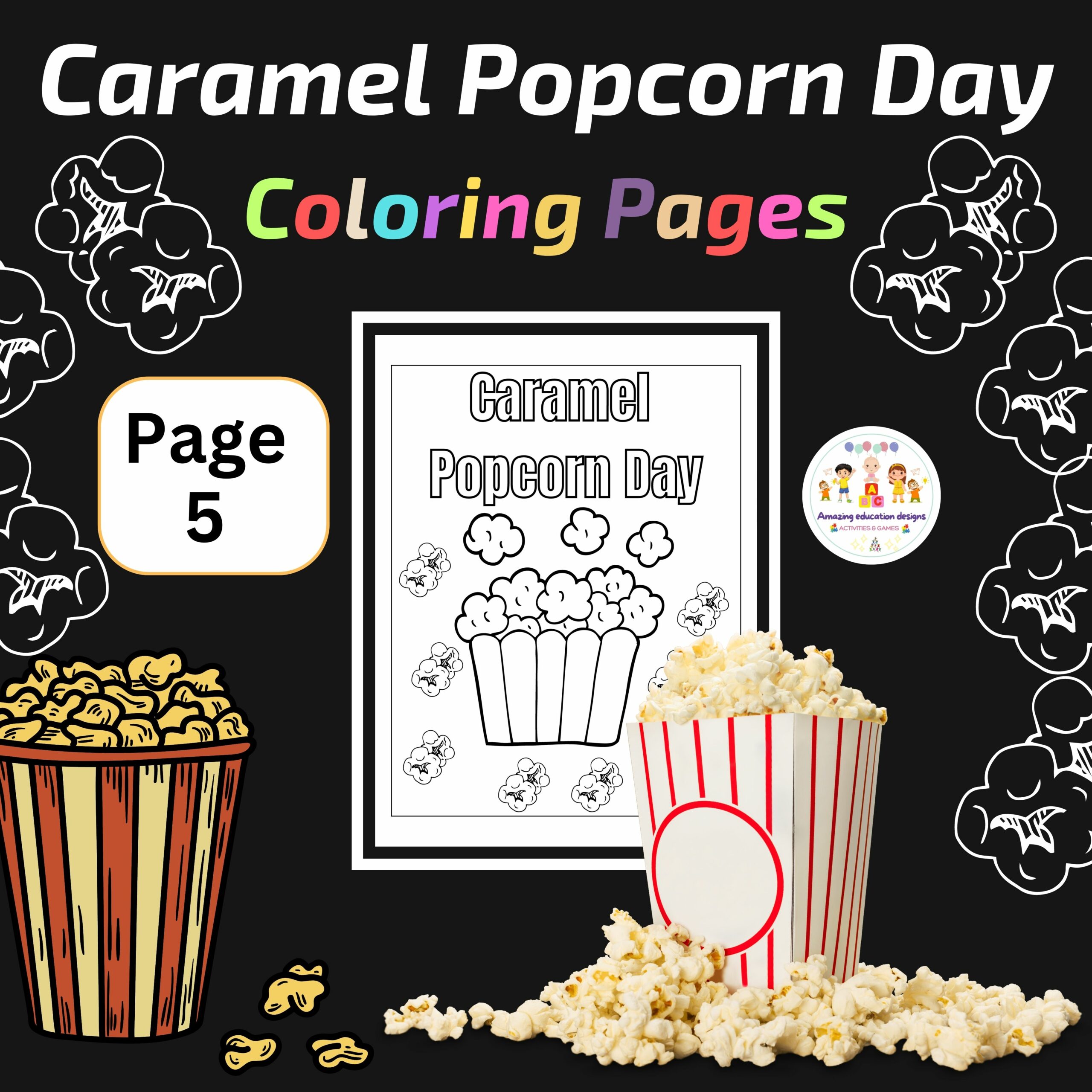 Caramel Popcorn Day coloring pages / Activities / Worksheet | Made By ...