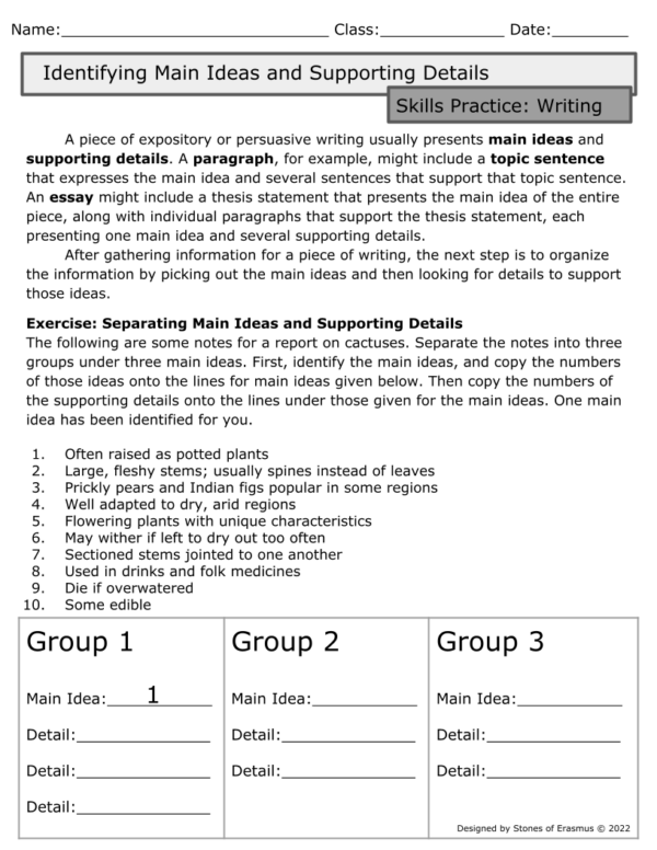 Organizing Main Ideas and Supporting Details Skills Practice: Writing ...