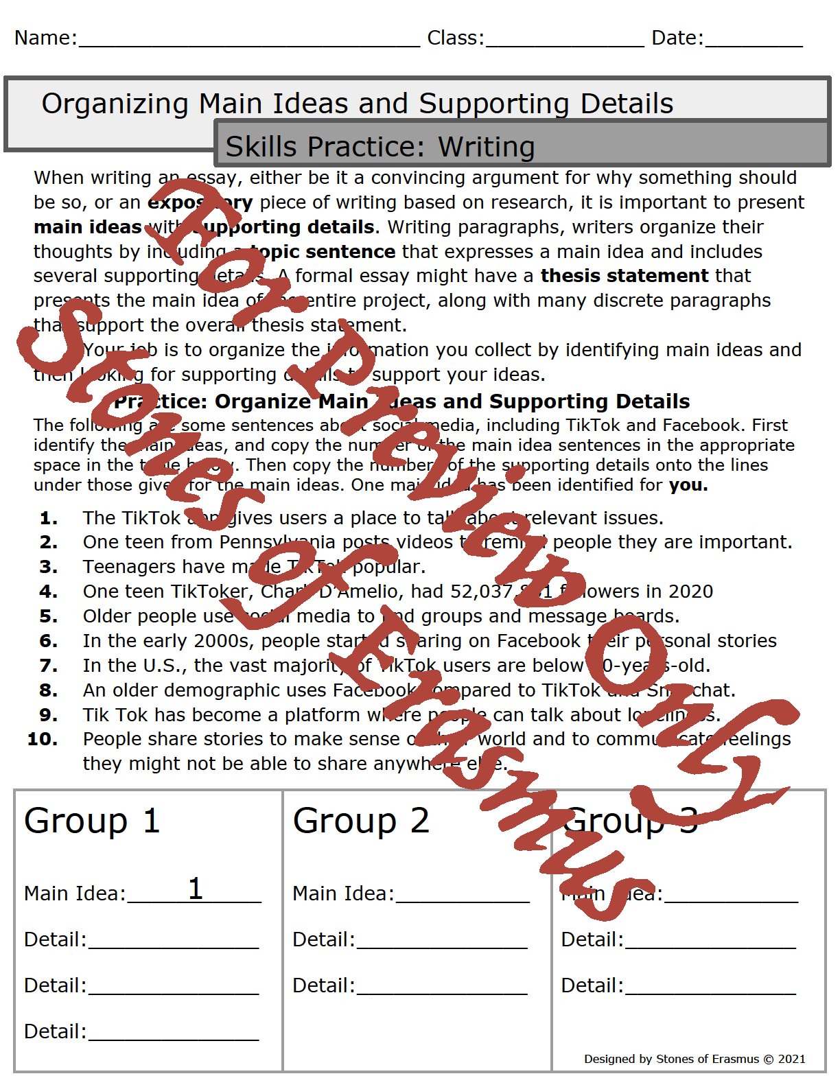 Organizing Main Ideas and Supporting Details Skills Practice: Writing ...
