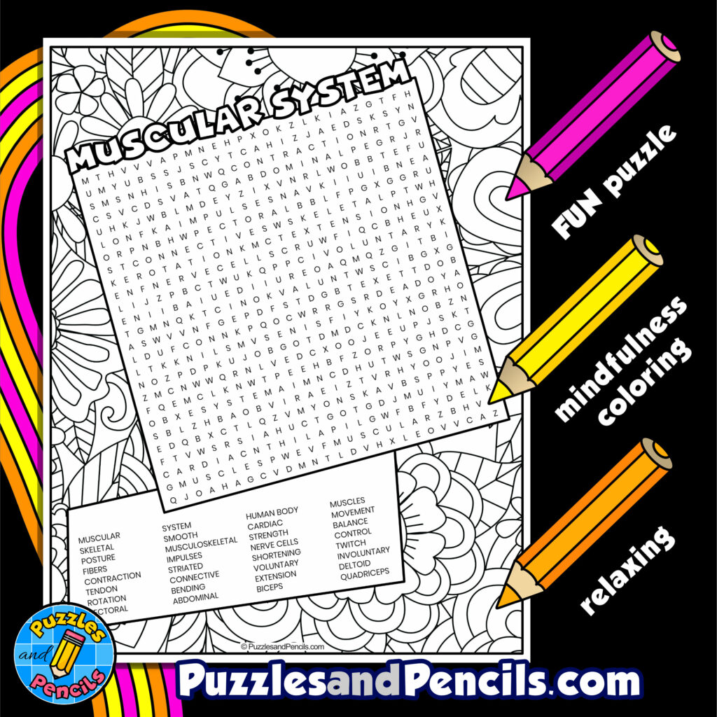 Muscular System Word Search Puzzle with Coloring | Human Body Systems ...