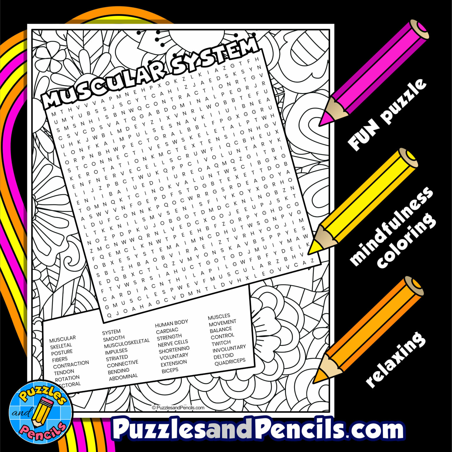 Muscular System Word Search Puzzle with Coloring | Human Body Systems ...