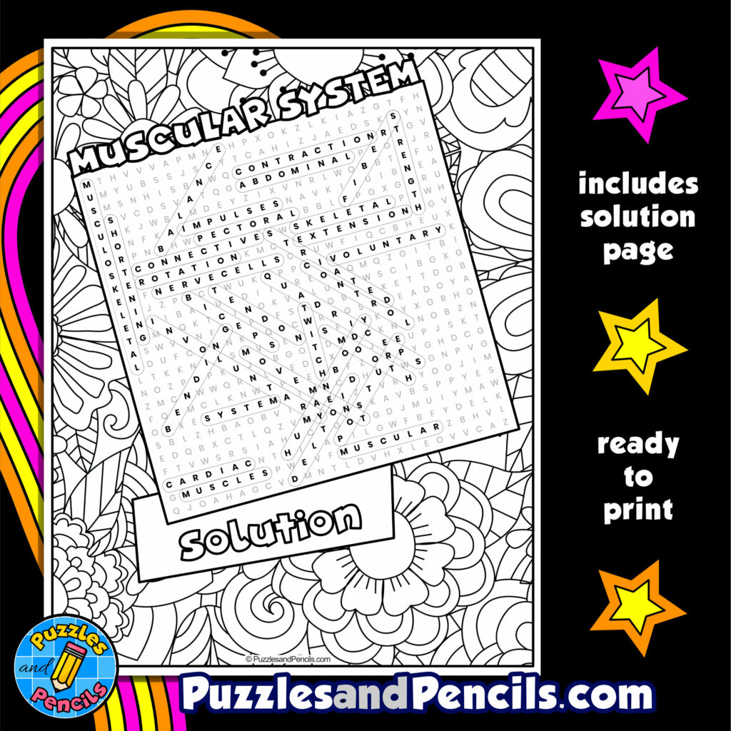 Muscular System Word Search Puzzle with Coloring | Human Body Systems ...