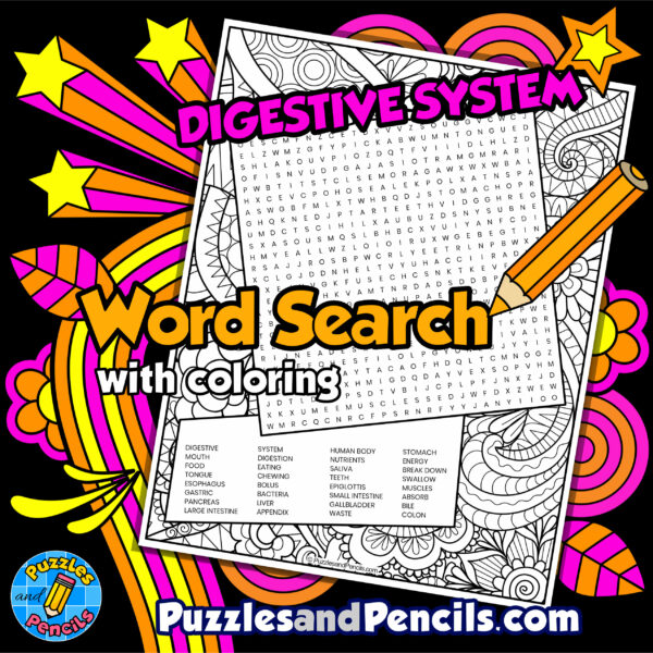 Digestive System Word Search Puzzle with Coloring | Human Body Systems ...