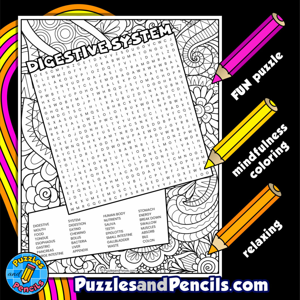 Digestive System Word Search Puzzle with Coloring | Human Body Systems ...