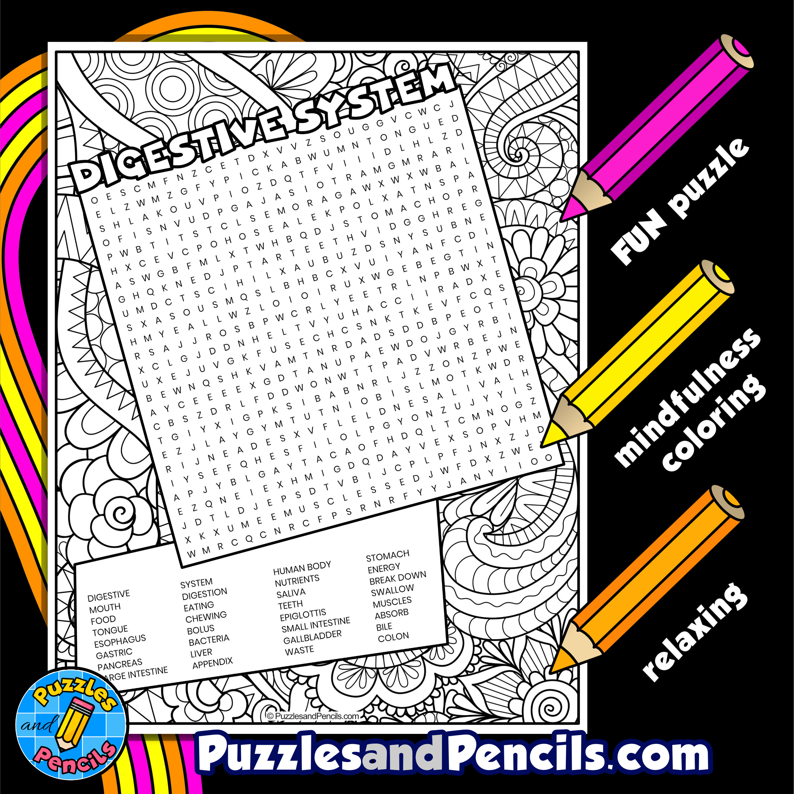 Digestive System Word Search Puzzle with Coloring | Human Body Systems ...