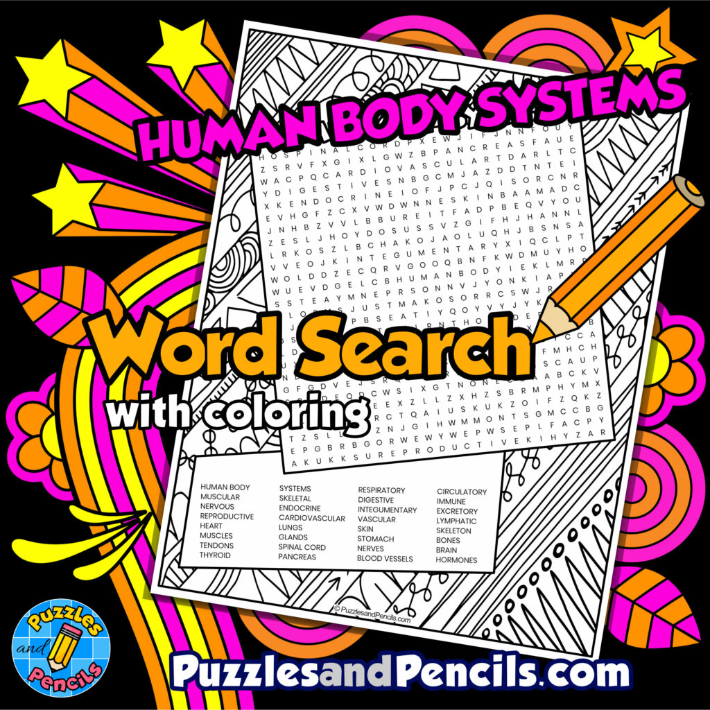 Human Body Systems Word Search Puzzle with Coloring | Wordsearch | Made ...