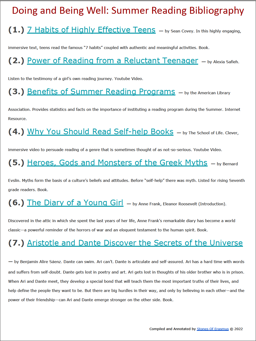 Doing and Being Well: Summer Reading Campaign for Middle and High ...