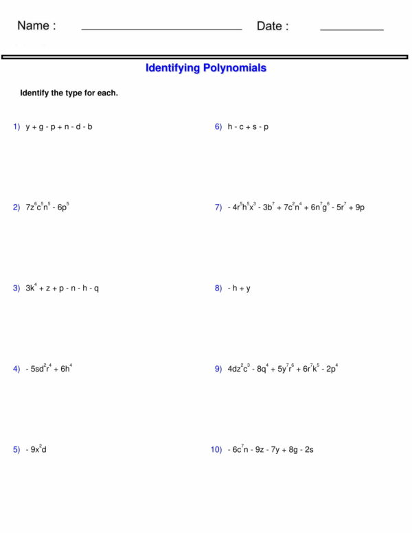 Identifying Type of Polynomials - Monomials and Polynomials Worksheets ...