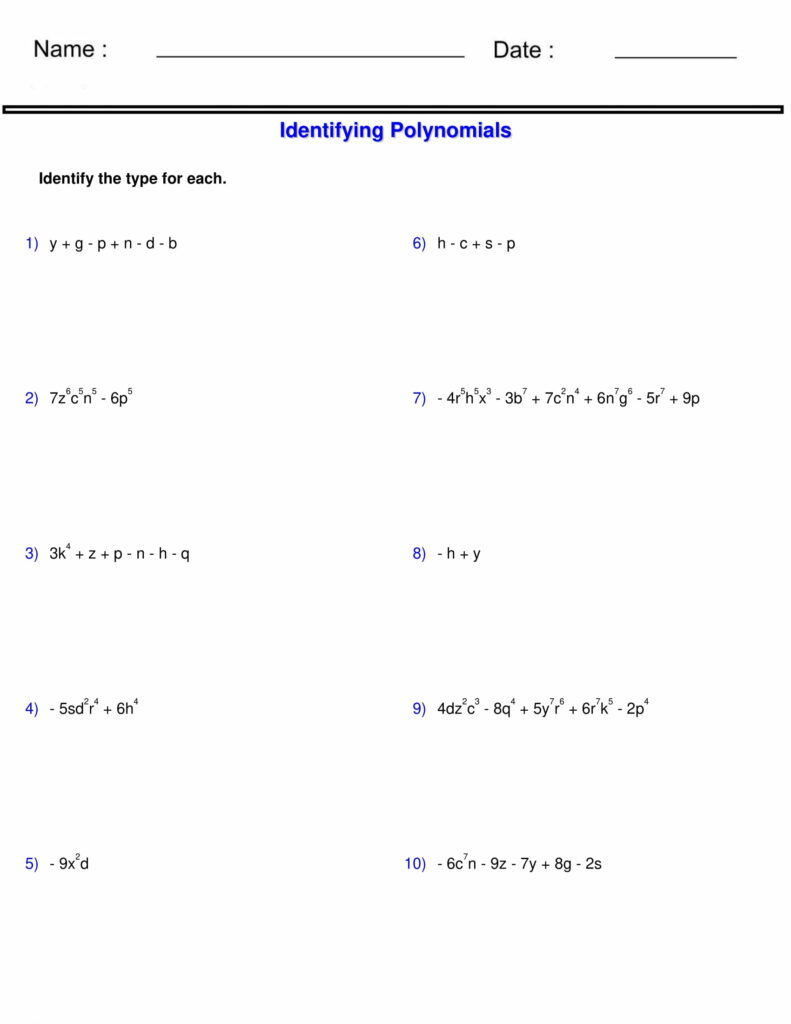 Identifying Type of Polynomials - Monomials and Polynomials Worksheets ...