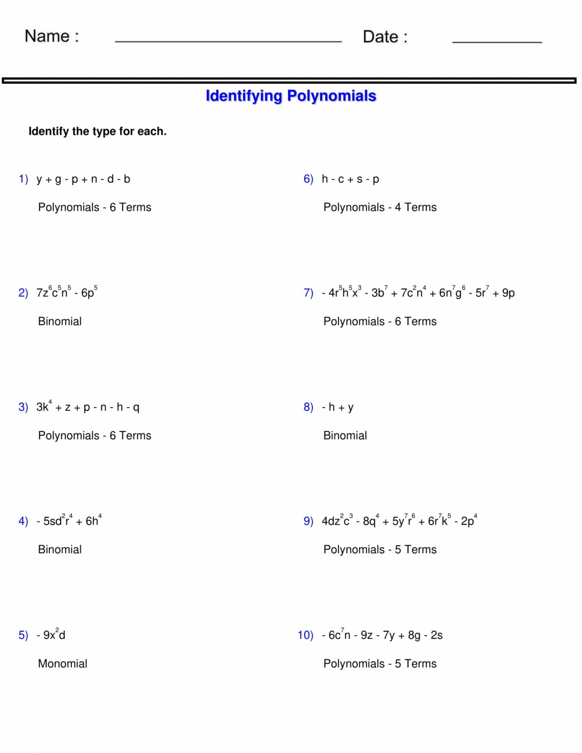 Identifying Type of Polynomials - Monomials and Polynomials Worksheets ...