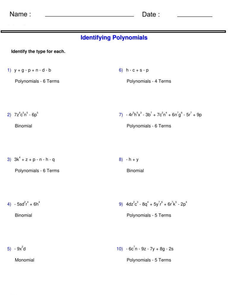 Identifying Type of Polynomials - Monomials and Polynomials Worksheets ...
