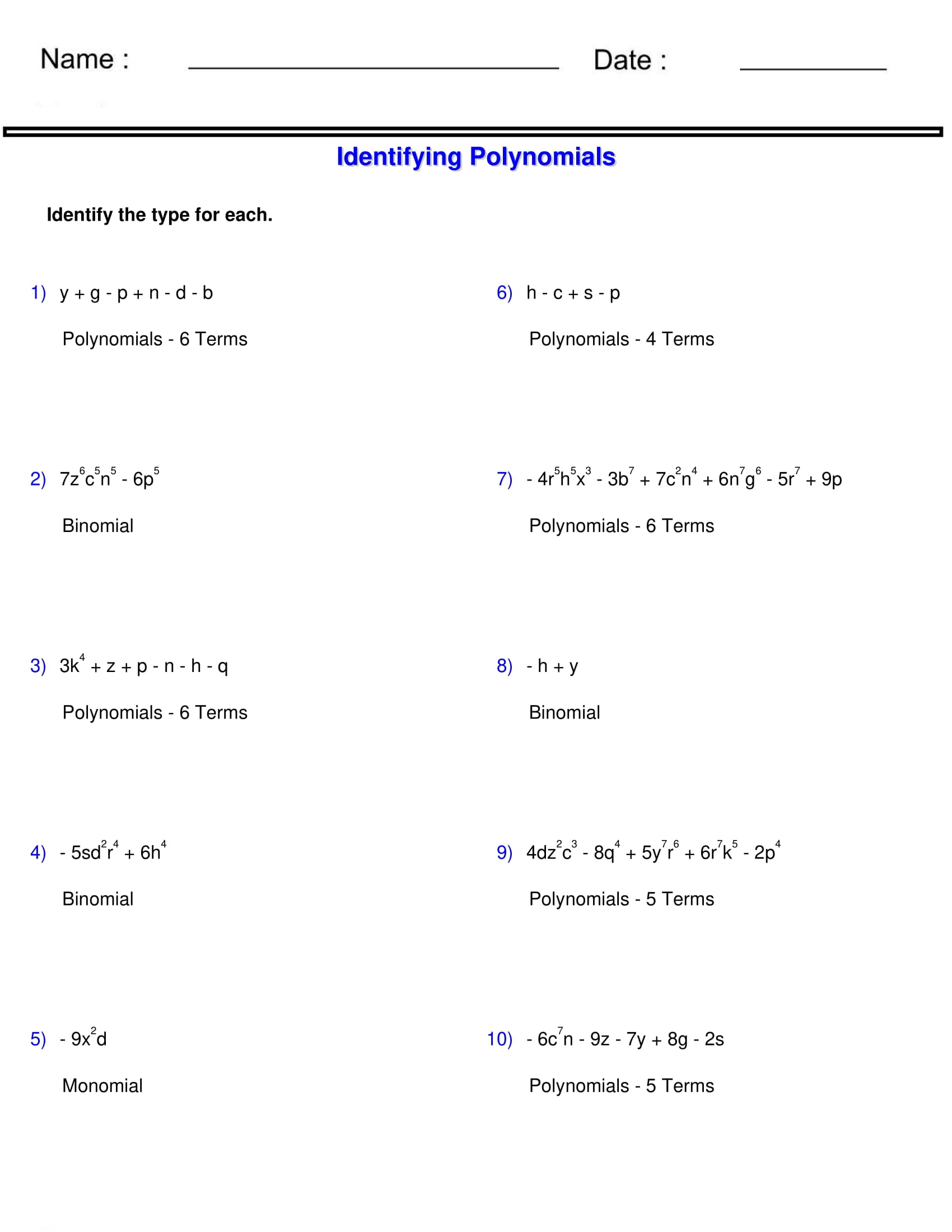 Identifying Type of Polynomials - Monomials and Polynomials Worksheets ...