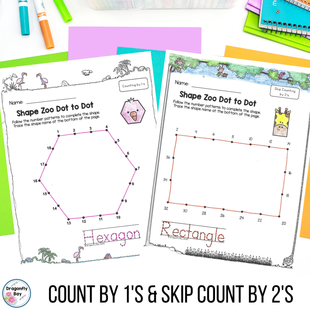 2D Zoo Shapes Dot to Dot Skip Counting by 1s 2s 5s 10s and ABC Order ...