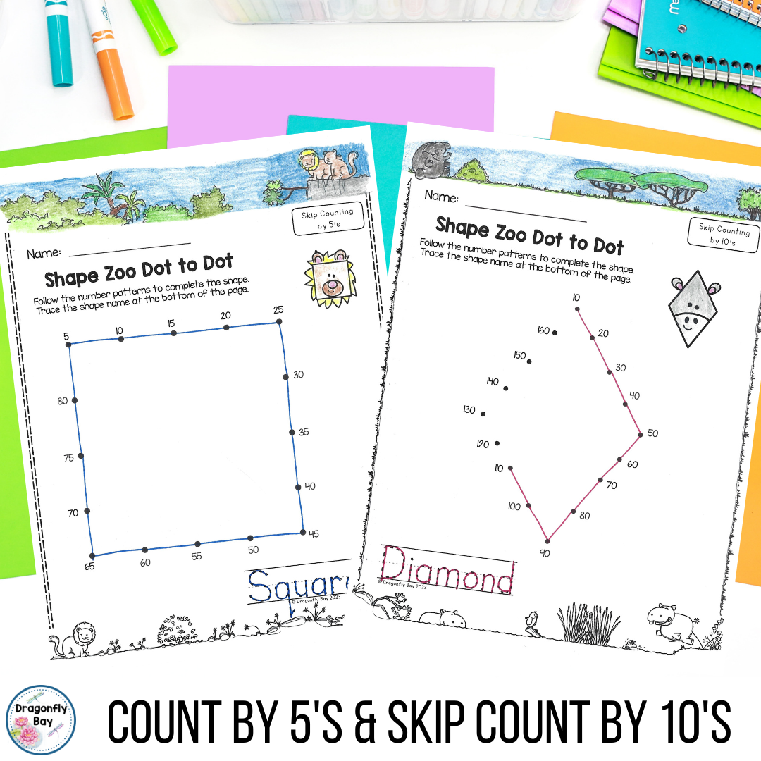 2D Zoo Shapes Dot to Dot Skip Counting by 1s 2s 5s 10s and ABC Order ...