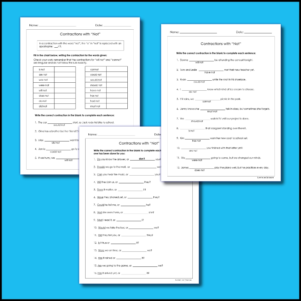 Contractions with "Not" - 16 Contractions - 3 worksheets - Grades 3-4 ...