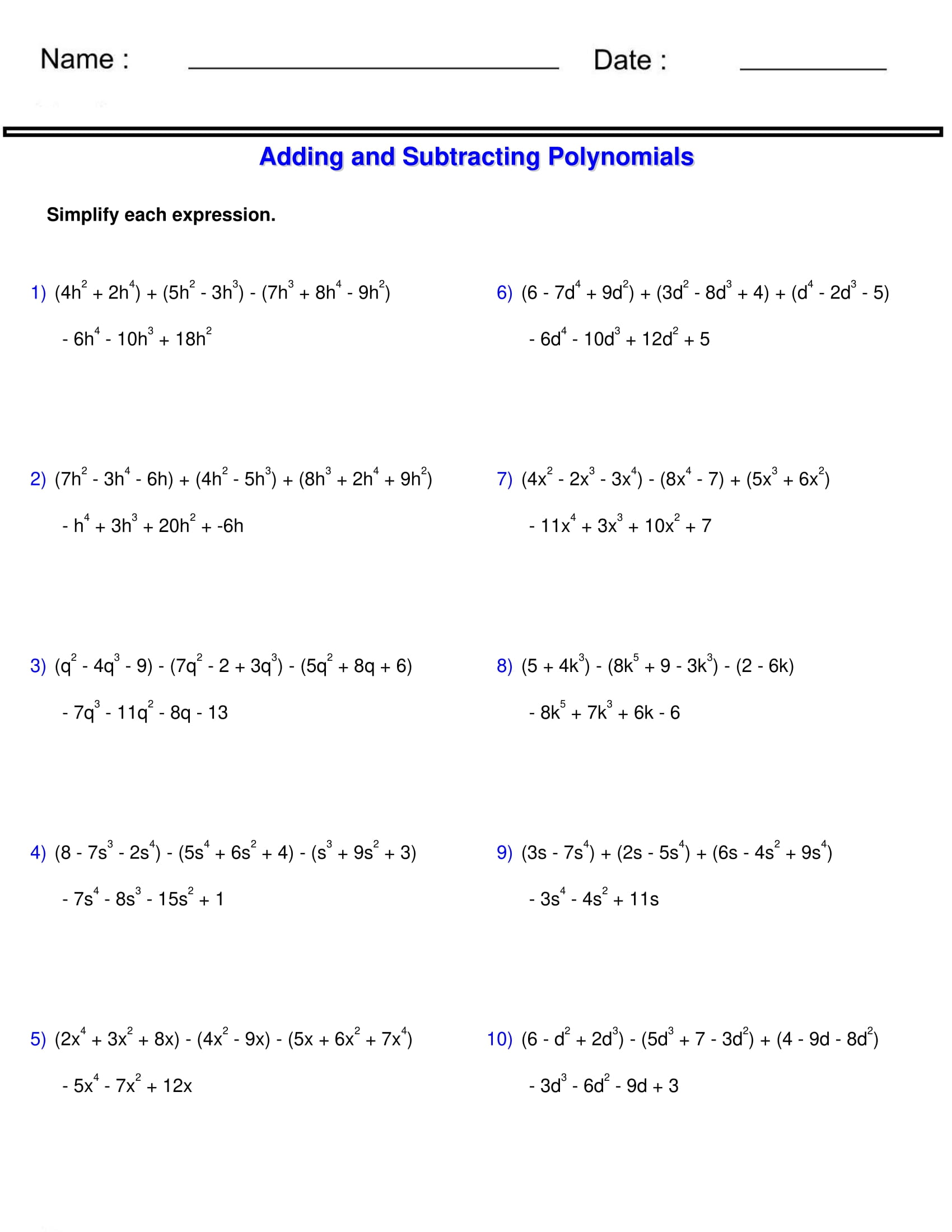 Adding And Subtracting Polynomials Worksheet 3 Polynomials Made By