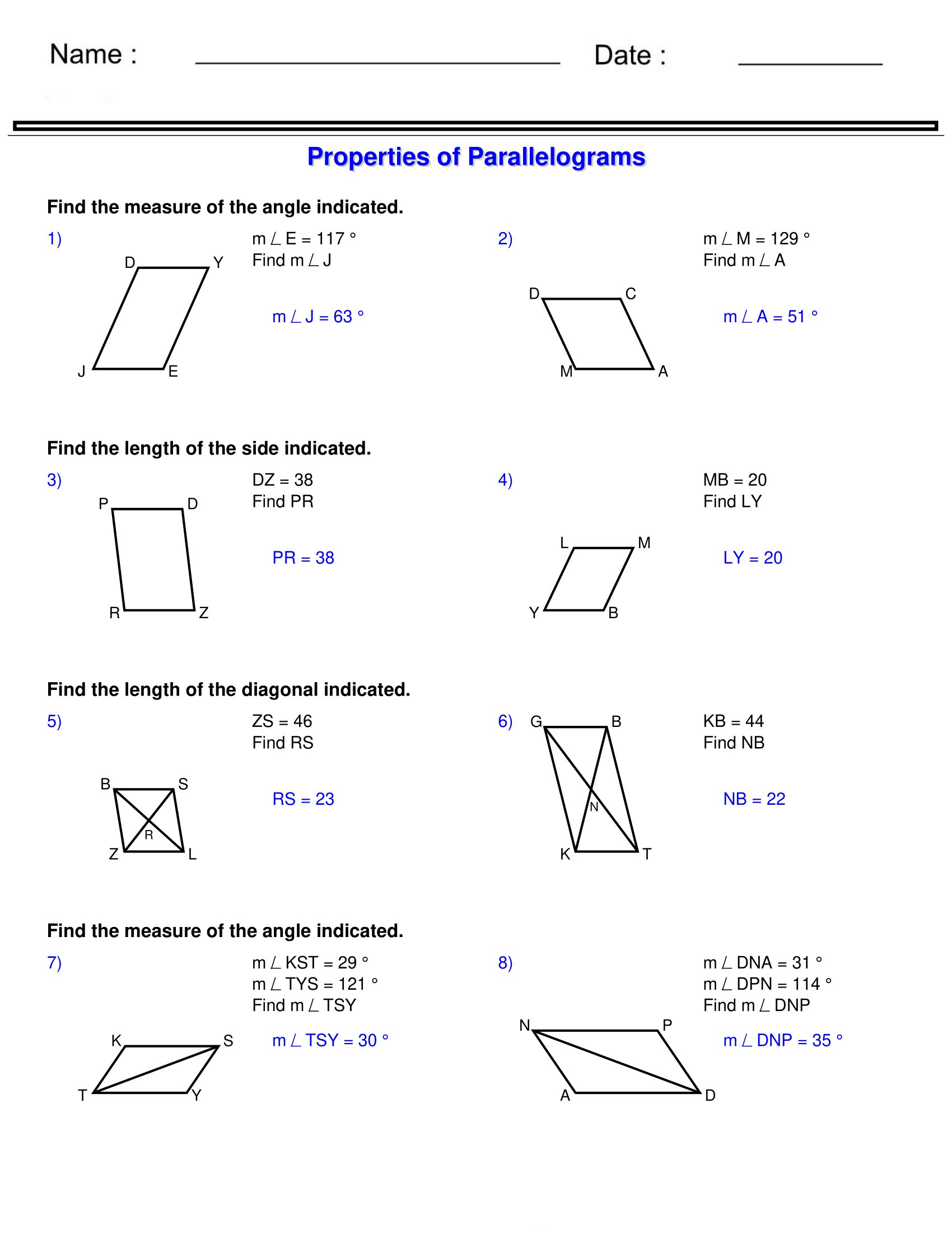 Properties of Parallelograms - Quadrilaterals and Polygons Worksheets ...