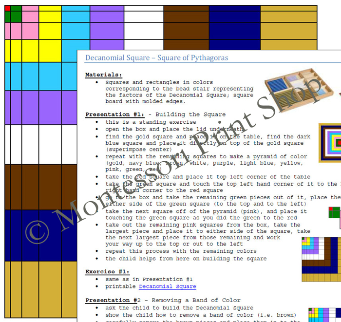 Montessori Decanomial Square (color, blackline master & instructions ...
