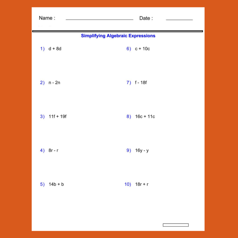 Simplifying Variables Worksheets - Addition and Subtraction -2 Terms ...