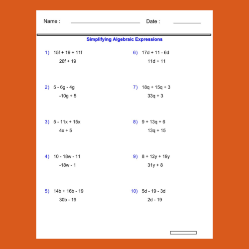 Simplifying Variables Worksheets -Addition and Subtraction -Algebraic ...