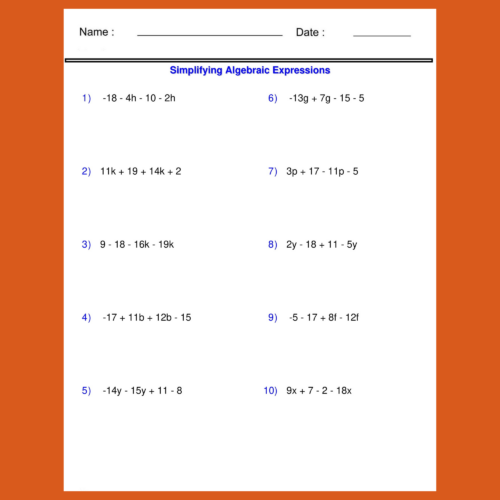 Simplifying Variables Worksheets -Addition and Subtraction- 4 Terms ...