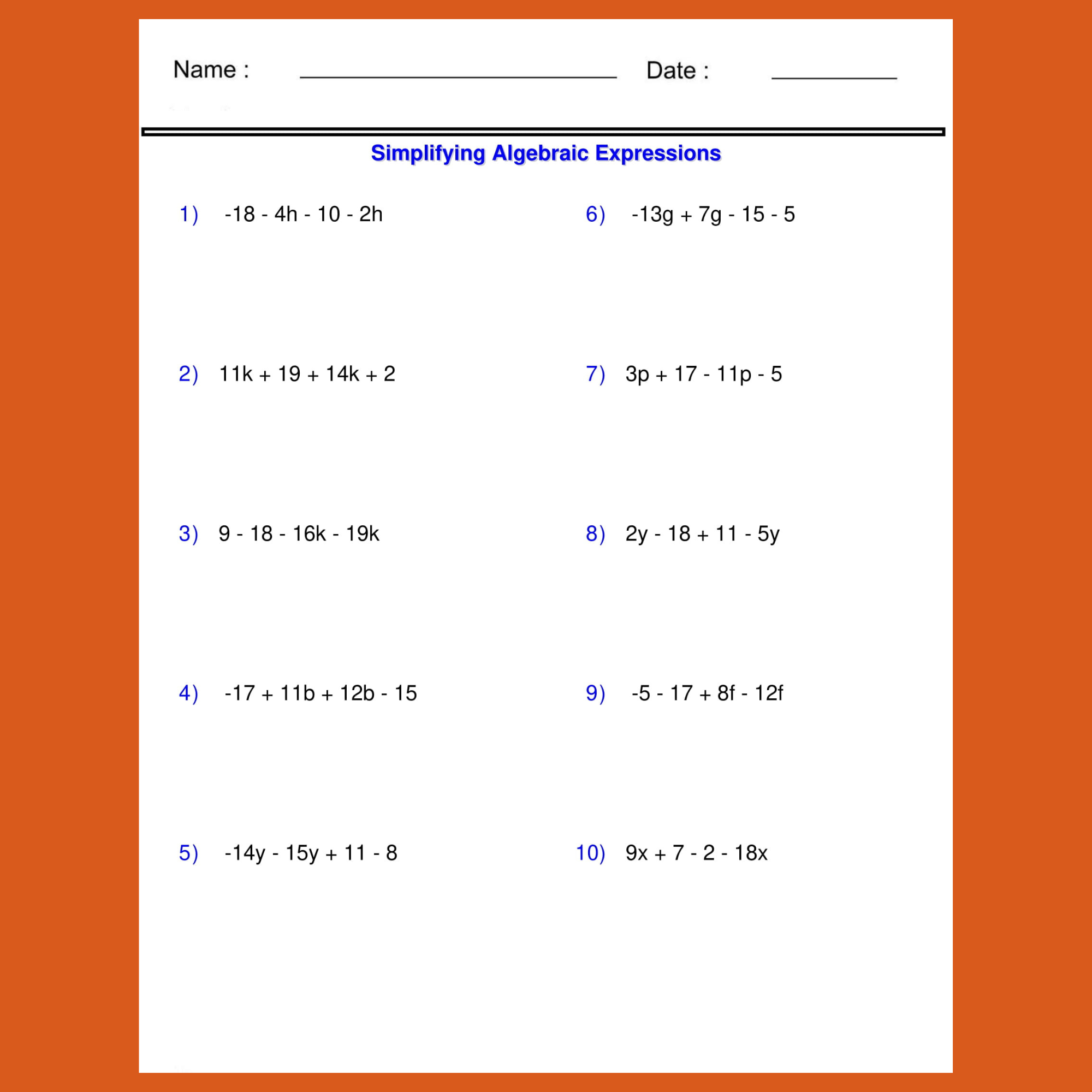Simplifying Variables Worksheets -Addition and Subtraction- 4 Terms ...