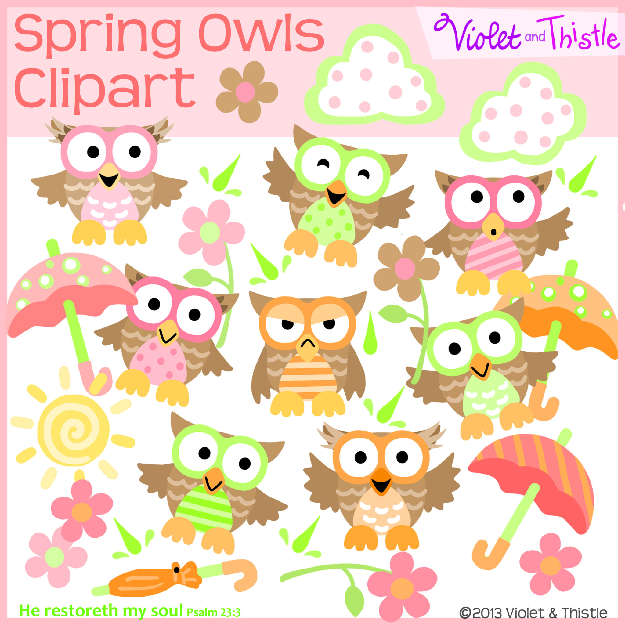 Spring Owl Clipart Umbrella Rain Flower Sun Cloud Raindrop Happy Grumpy ...