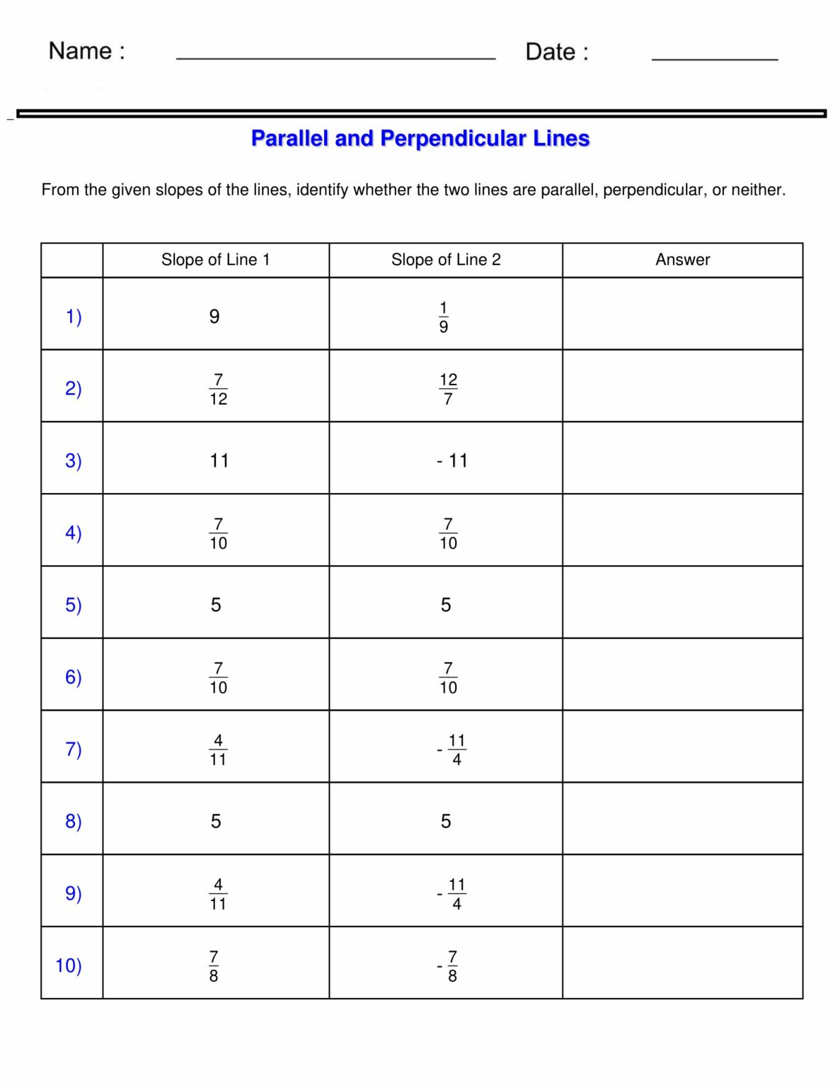Given Slope Identify Parallel and Perpendicular Lines Worksheets | Made ...