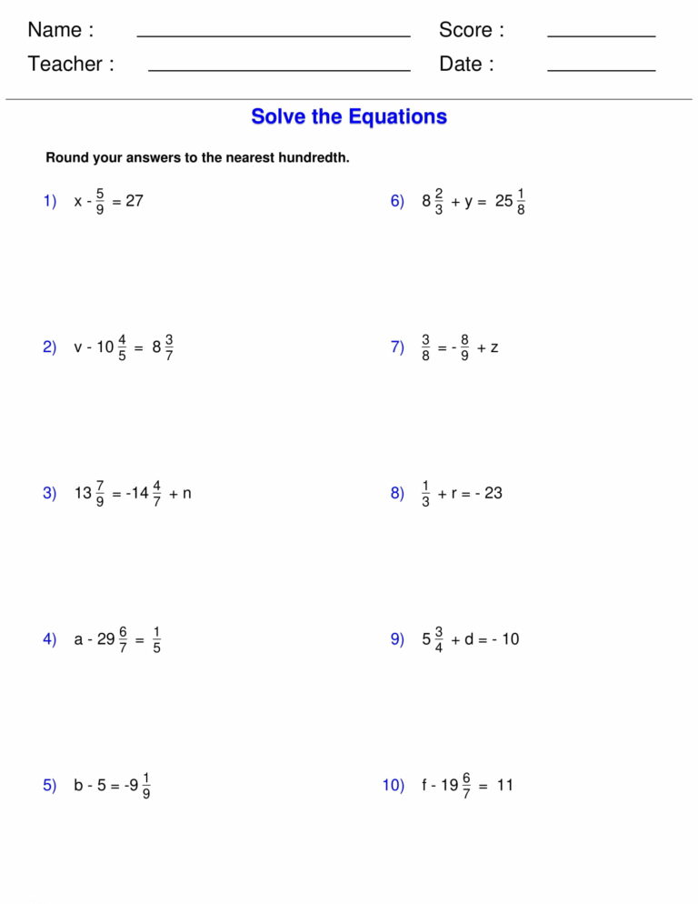 Solving One Step Equations with Fractions Worksheets - Algebra | Made ...