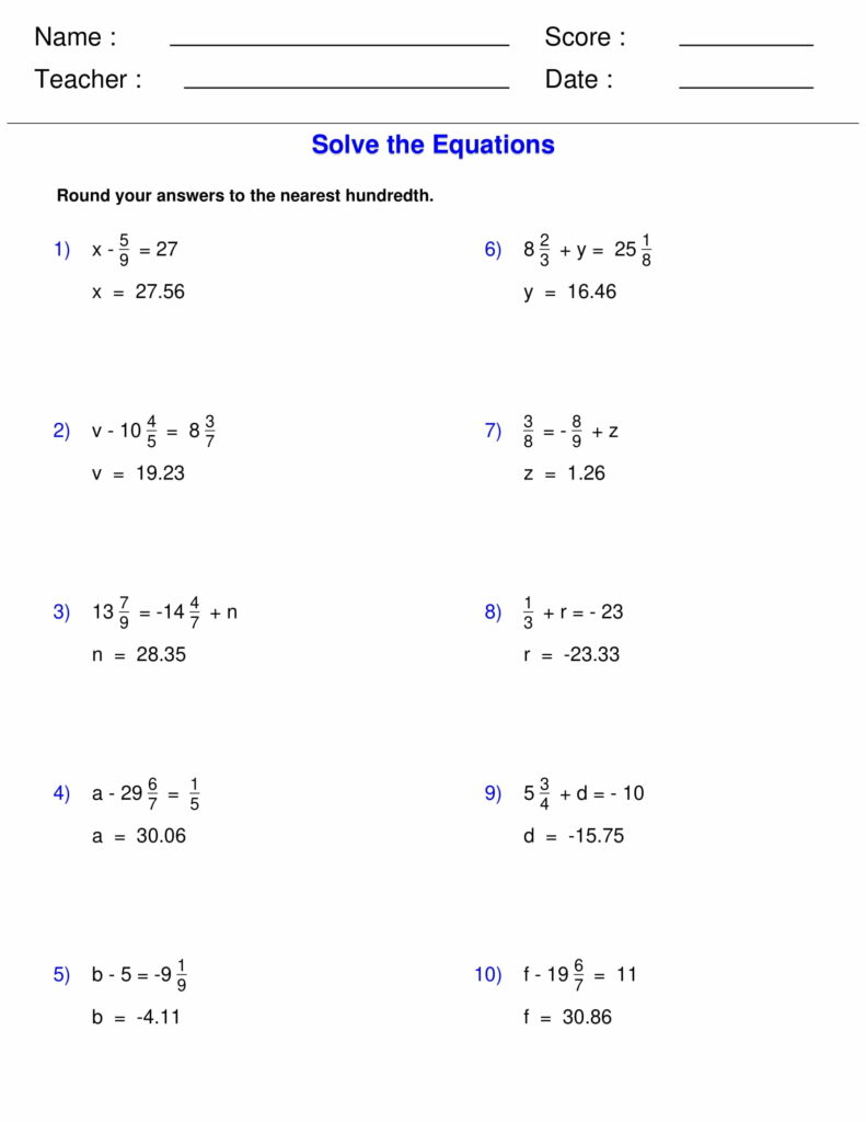 Solving One Step Equations with Fractions Worksheets - Algebra | Made ...