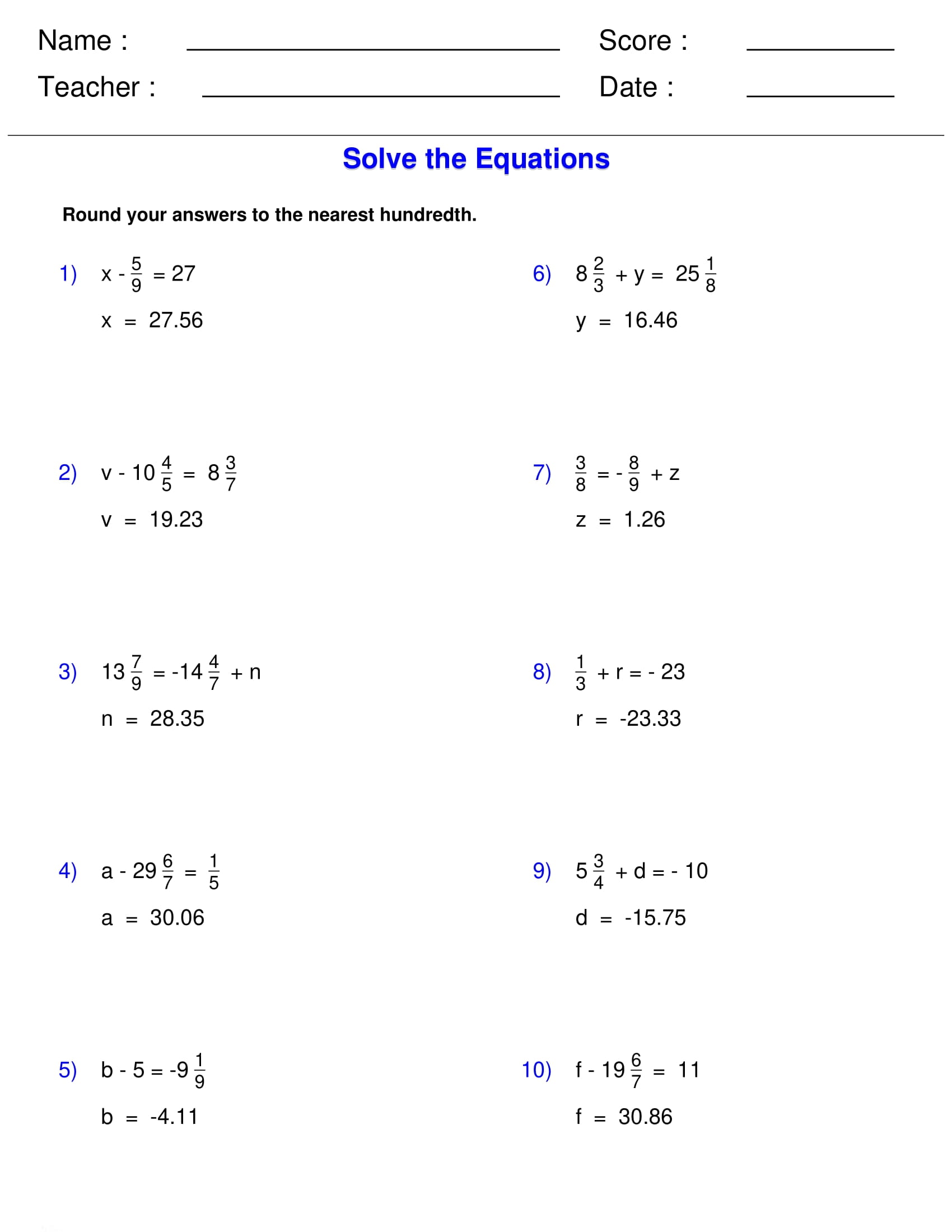 Solving One Step Equations With Fractions Worksheets Algebra Made