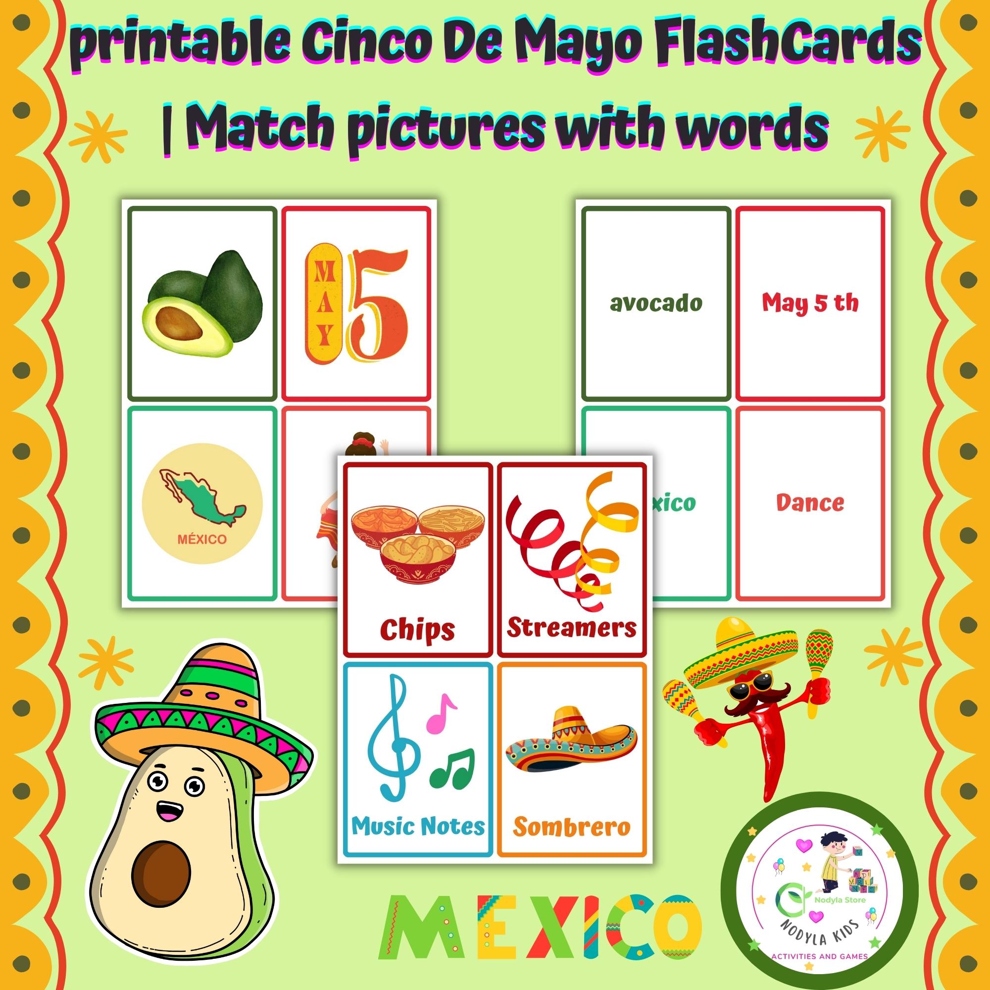 printable Cinco De Mayo FlashCards | Match pictures with words | Made ...