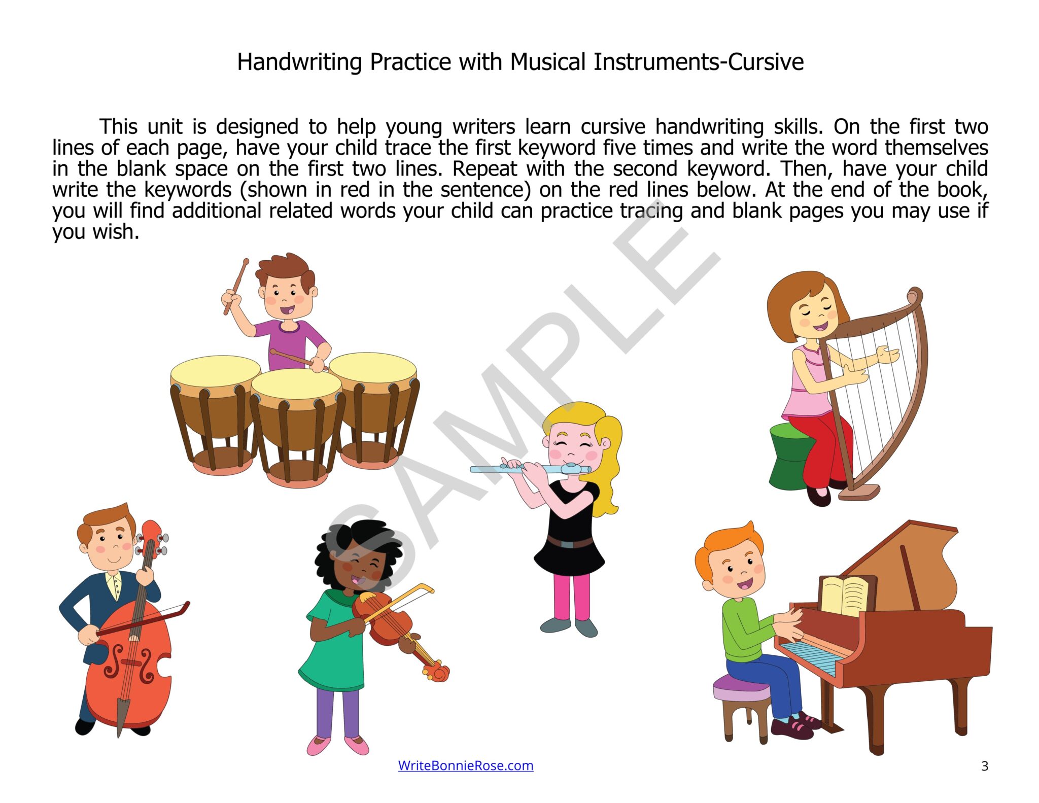 Handwriting Practice with Musical Instruments: Cursive | Made By Teachers