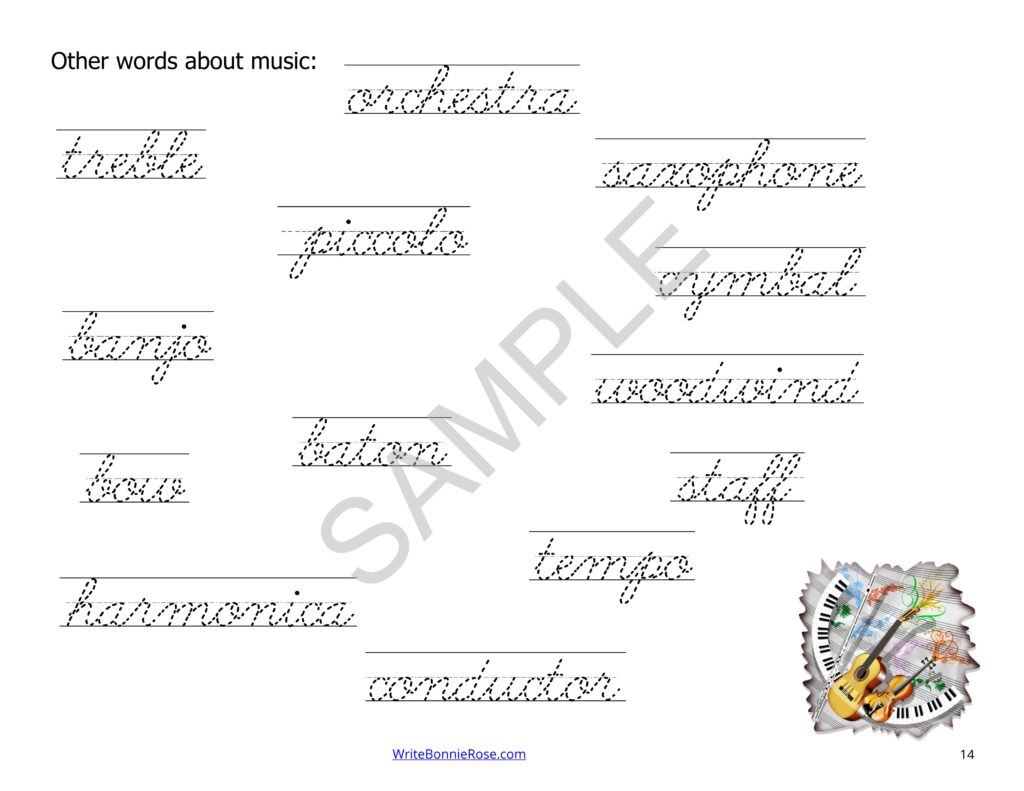 Handwriting Practice with Musical Instruments: Cursive | Made By Teachers