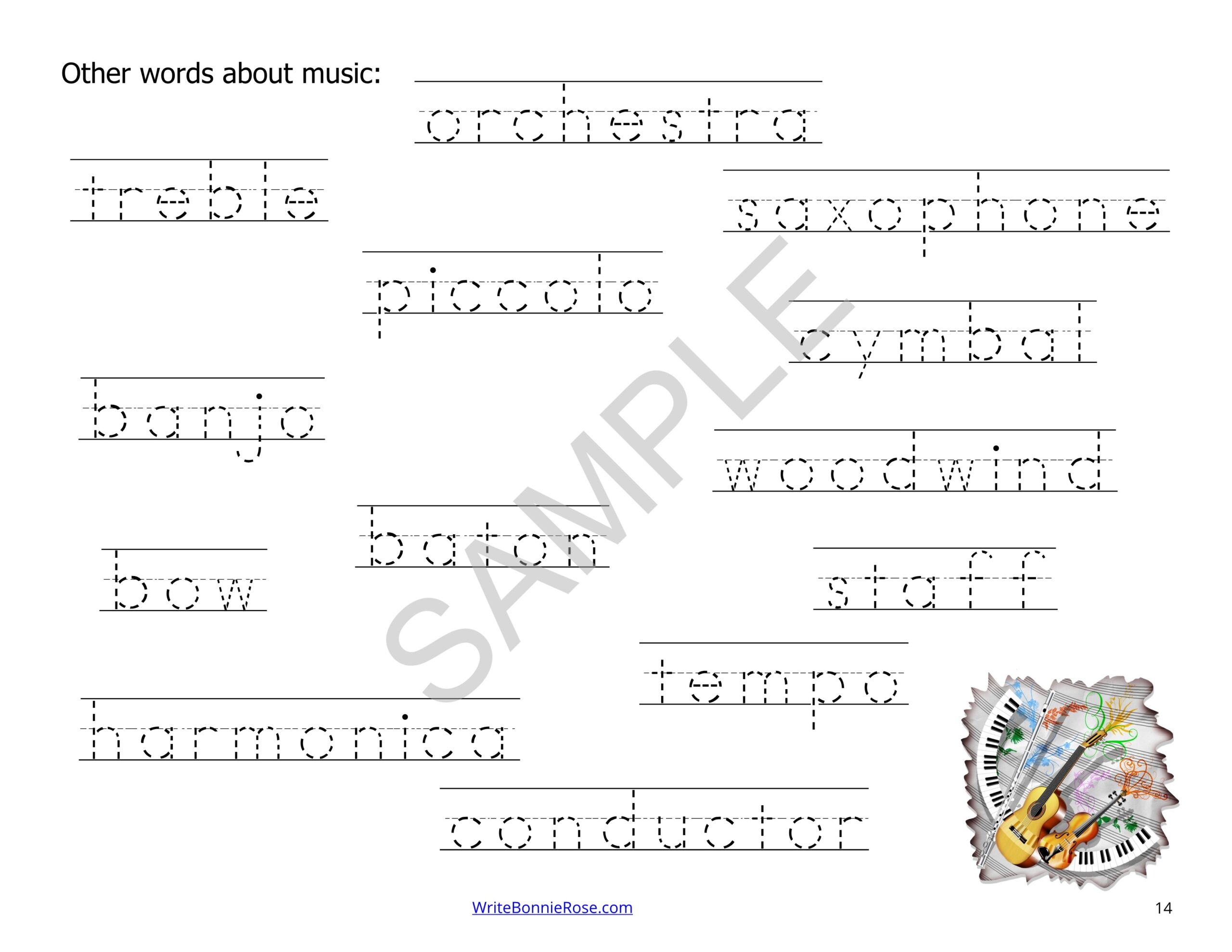 Handwriting Practice with Musical Instruments: Print | Made By Teachers