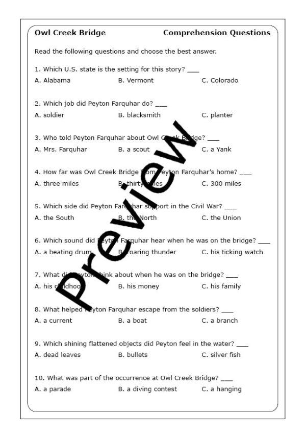 Ambrose Bierce "An Occurrence at Owl Creek Bridge" worksheets | Made By ...