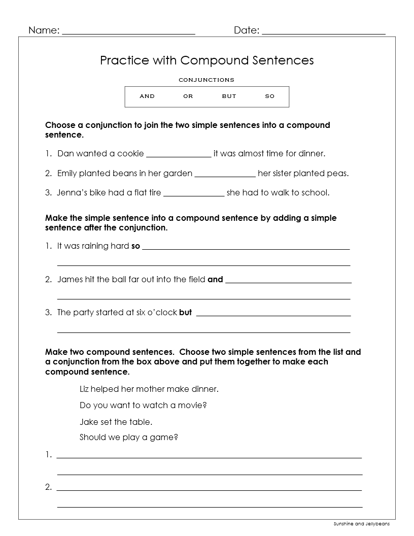 Compound Sentences and Conjunctions - Grades 1-2 - 4 worksheets - CCSS ...
