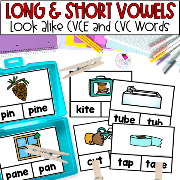 Long and Short Vowels CVCE CVC Words Phonics Clip Cards | Made By Teachers