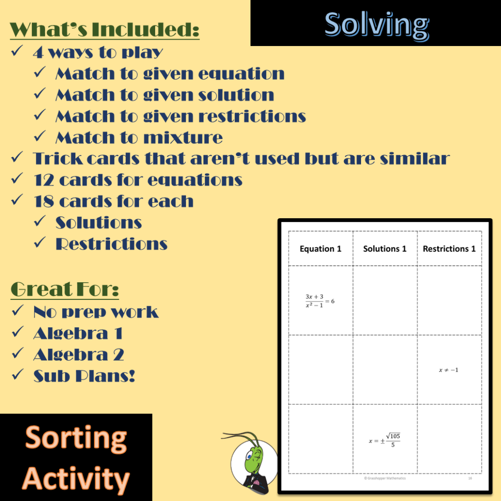Solving Rational Equations Sorting Activity | Algebra 1- restrictions ...